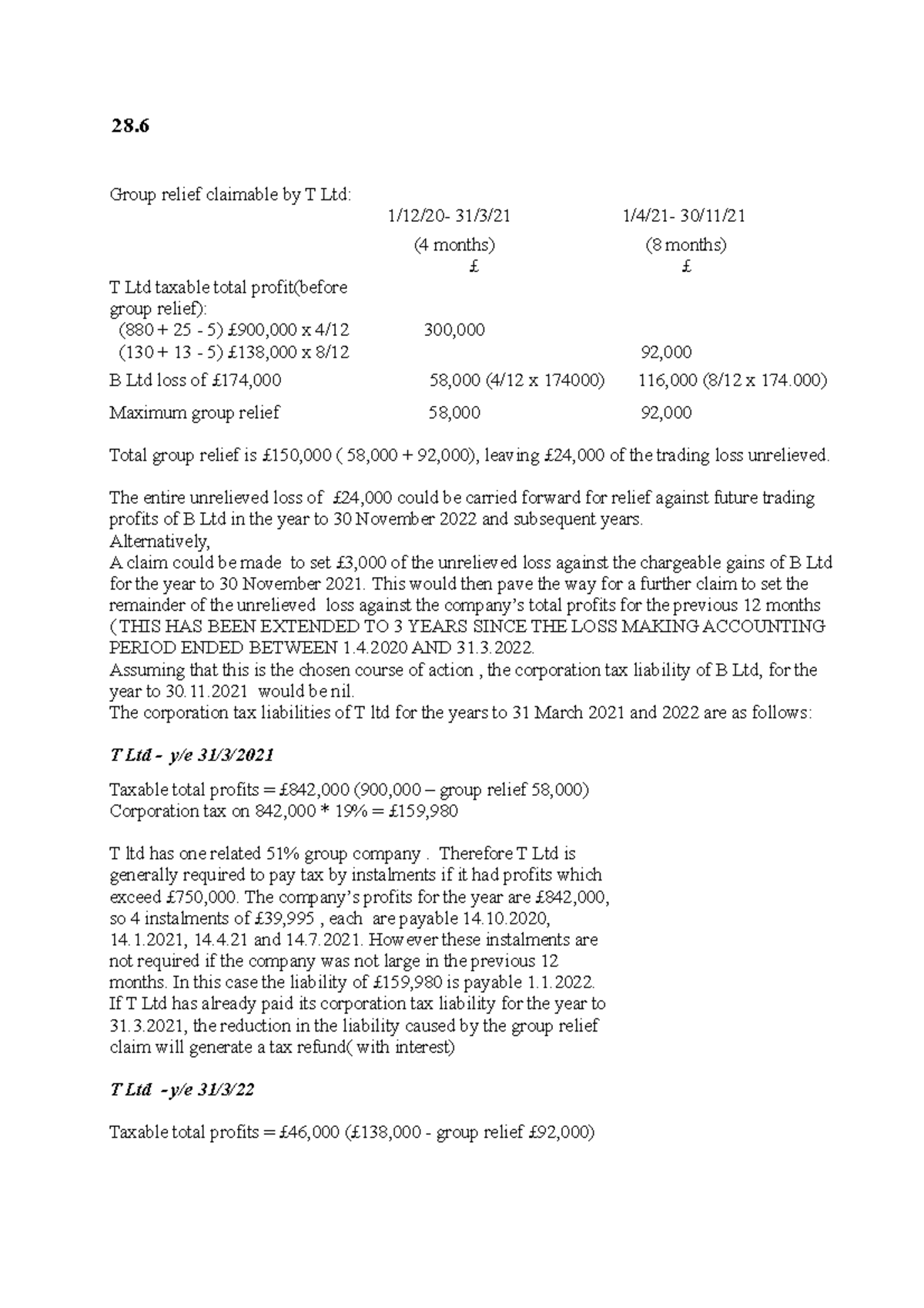 28.6 - Practice Questions - 28. Group relief claimable by T Ltd: 1/12 ...
