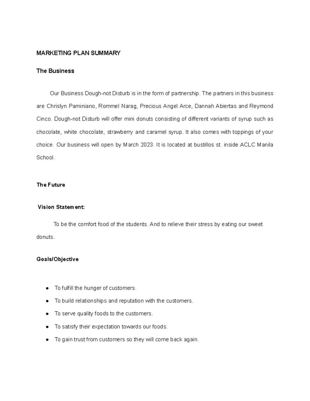 Untitled-document-5 - dsfsdfds - MARKETING PLAN SUMMARY The - Studocu