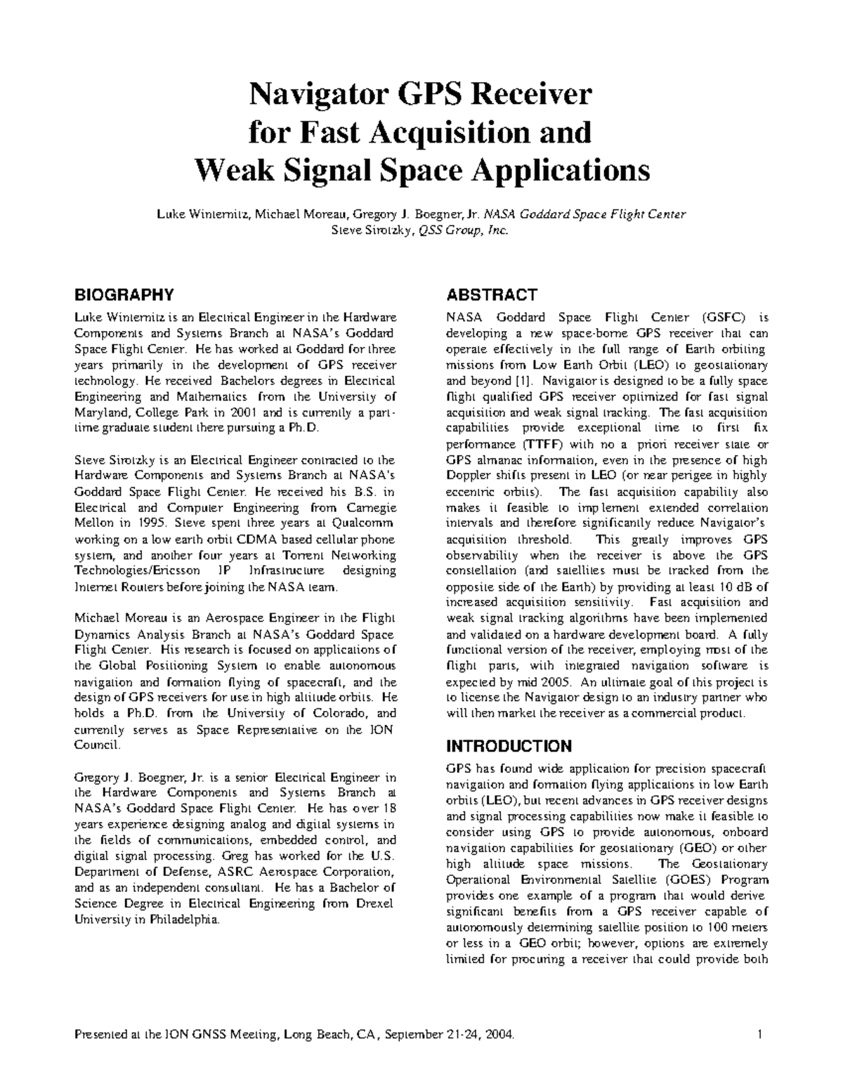 Boegner, Jr. Navigator GPS Receiver for Fast Acquisition and Weak ...