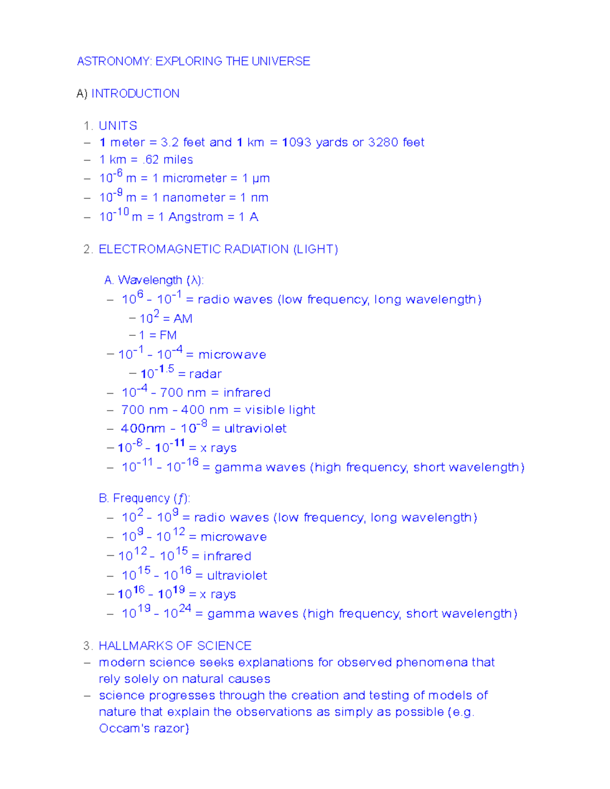 Astro Test 1 Notes - ASTRONOMY: EXPLORING THE UNIVERSE A) INTRODUCTION ...