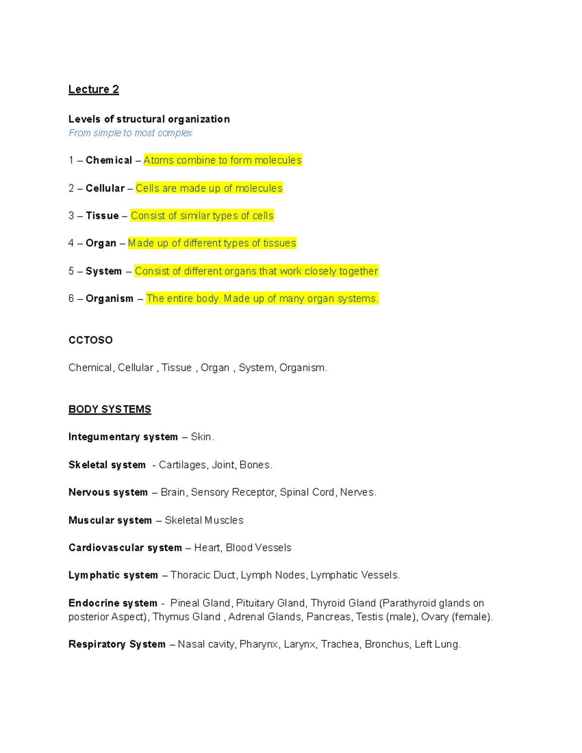 Lecture 2 HAP401 - Gardette teacher, body systems - Lecture 2 Levels of ...