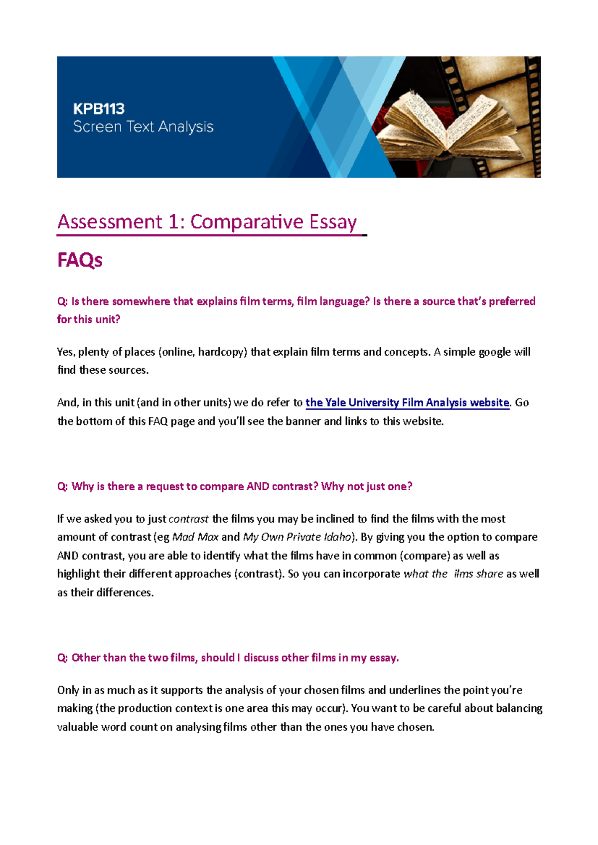 KPB113 Essay No 1 FAQs - FAQ List - Assessment 1: Comparative Essay ...