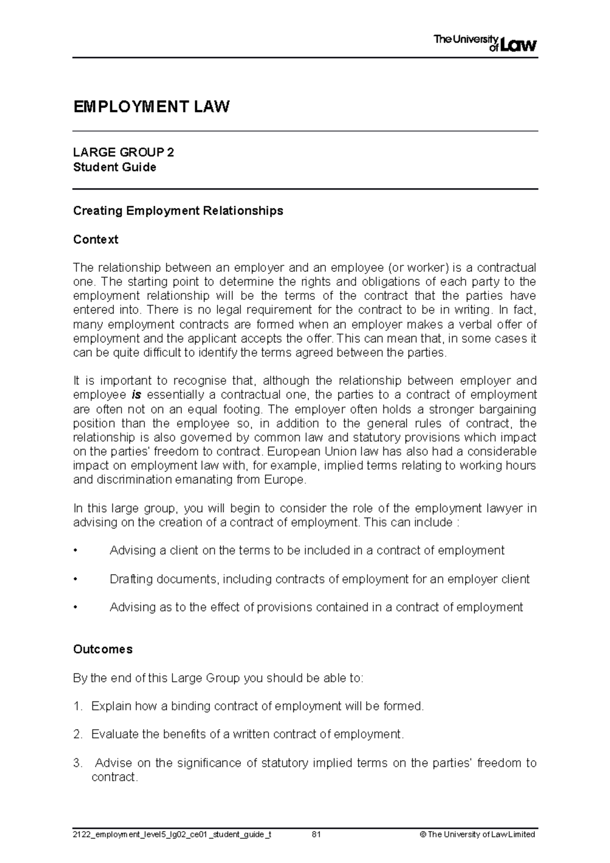 Employment LG2 - llb - EMPLOYMENT LAW LARGE GROUP 2 Student Guide ...