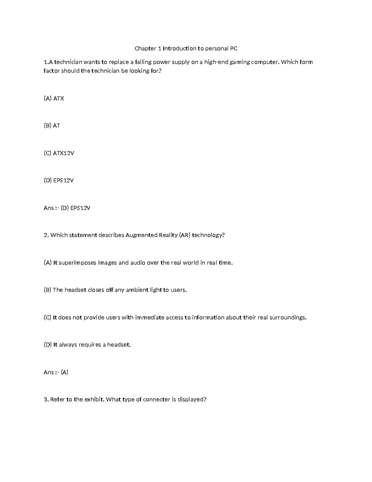 Chapter 1 intro to personal PC quiz - Chapter 1 Introduction to ...