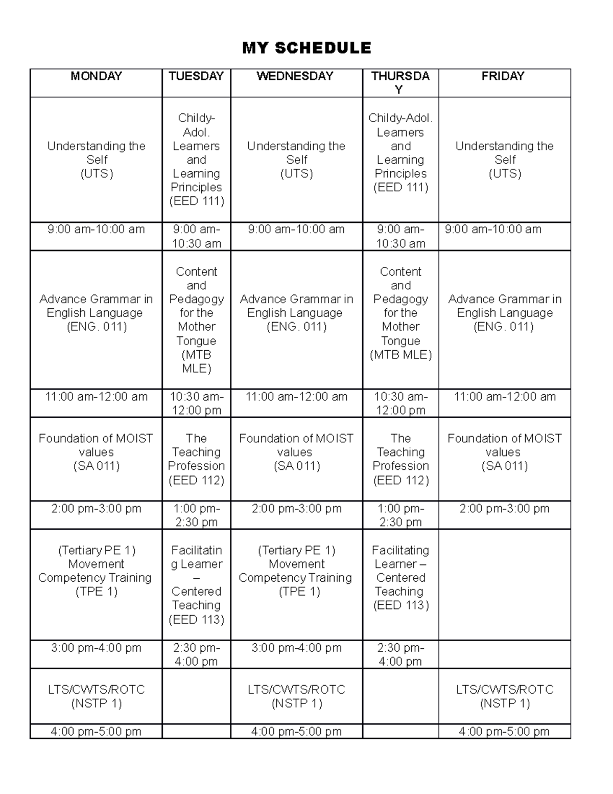 My schedule - f78givivob - MY SCHEDULE MONDAY TUESDAY WEDNESDAY THURSDA ...