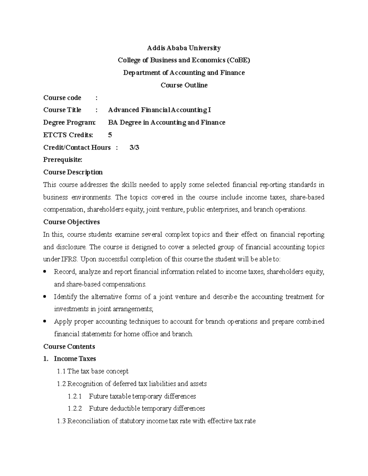 Advanced FA I course outline - Addis Ababa University College of ...