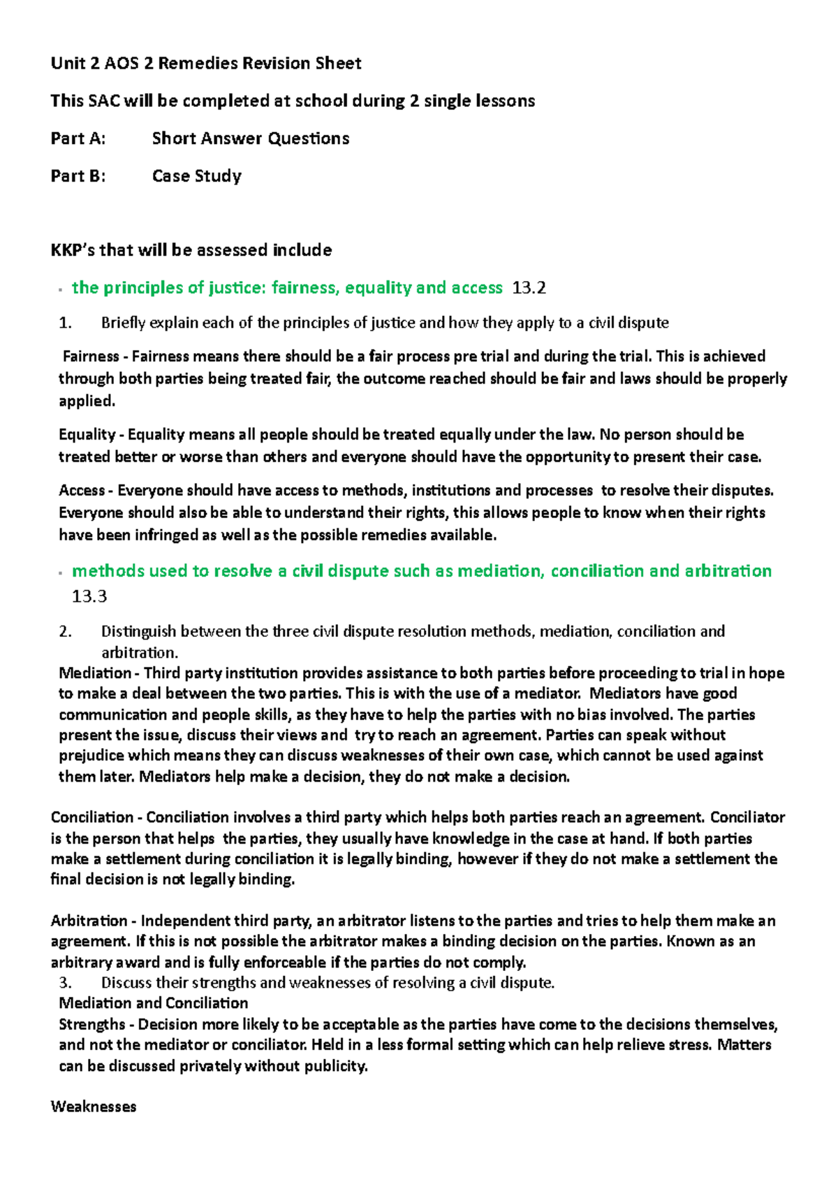 Remedies Revision Sheet for Legal Studies - Unit 2 AOS 2 Remedies ...