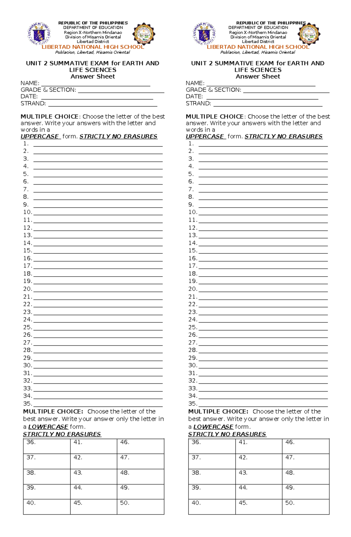 UNIT 2 Summative EXAM for Earth AND LIFE Sciences answersheet ...