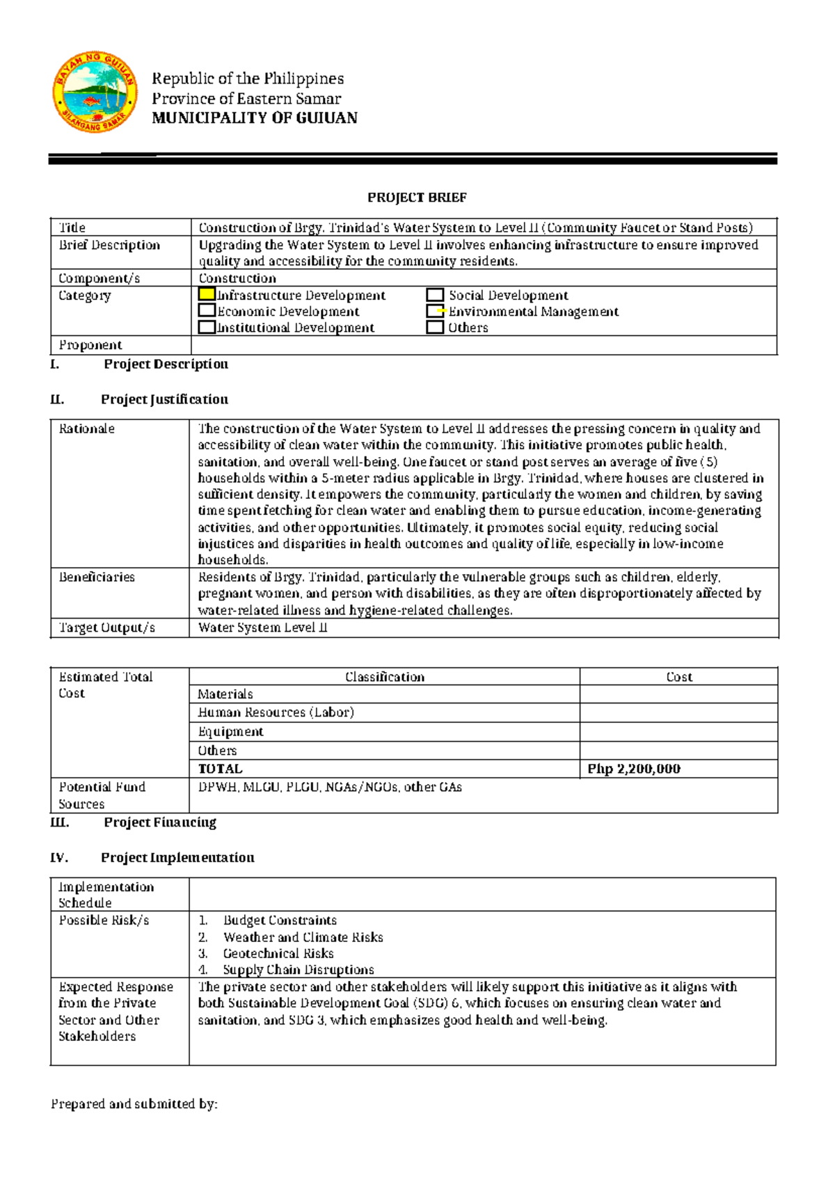 Project Brief Water System Level II - Republic of the Philippines Province of Eastern Samar ...
