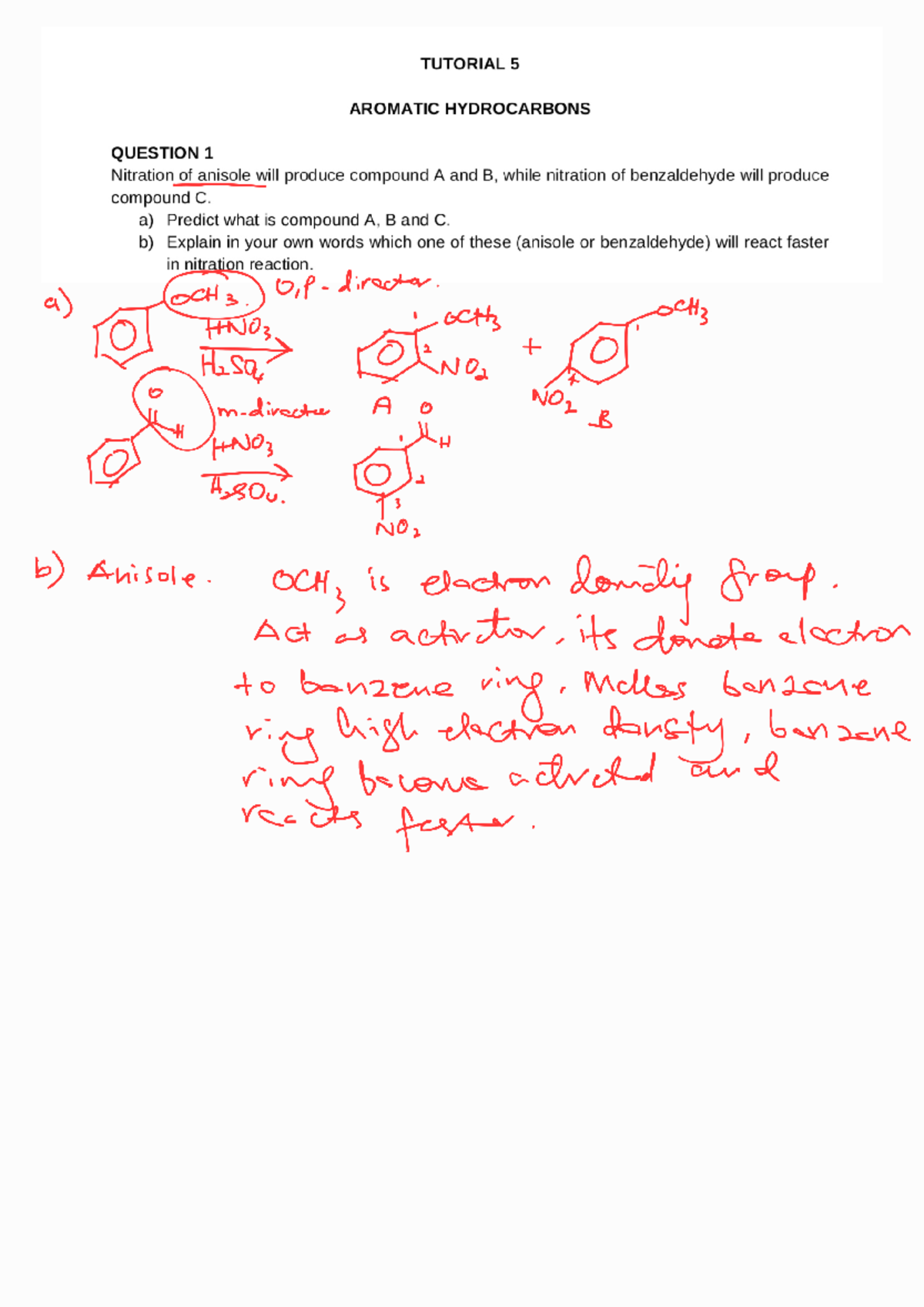 Tutorial 5 CHM258 240201 112628 - TUTORIAL 5 AROMATIC HYDROCARBONS QUESTION 1 Nitration of ...