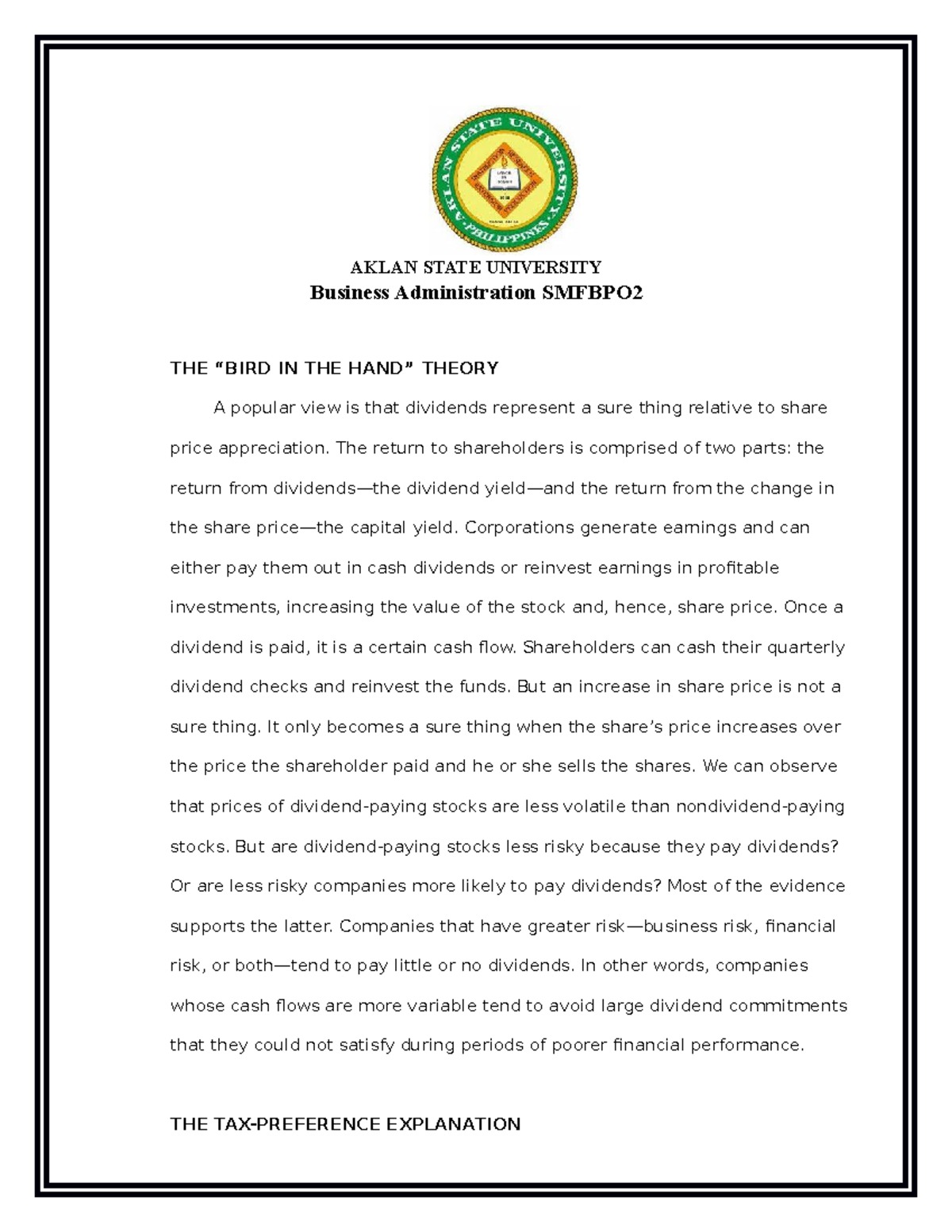 Smfbpo 2 THE “BIRD IN THE HAND” Theory - AKLAN STATE UNIVERSITY ...