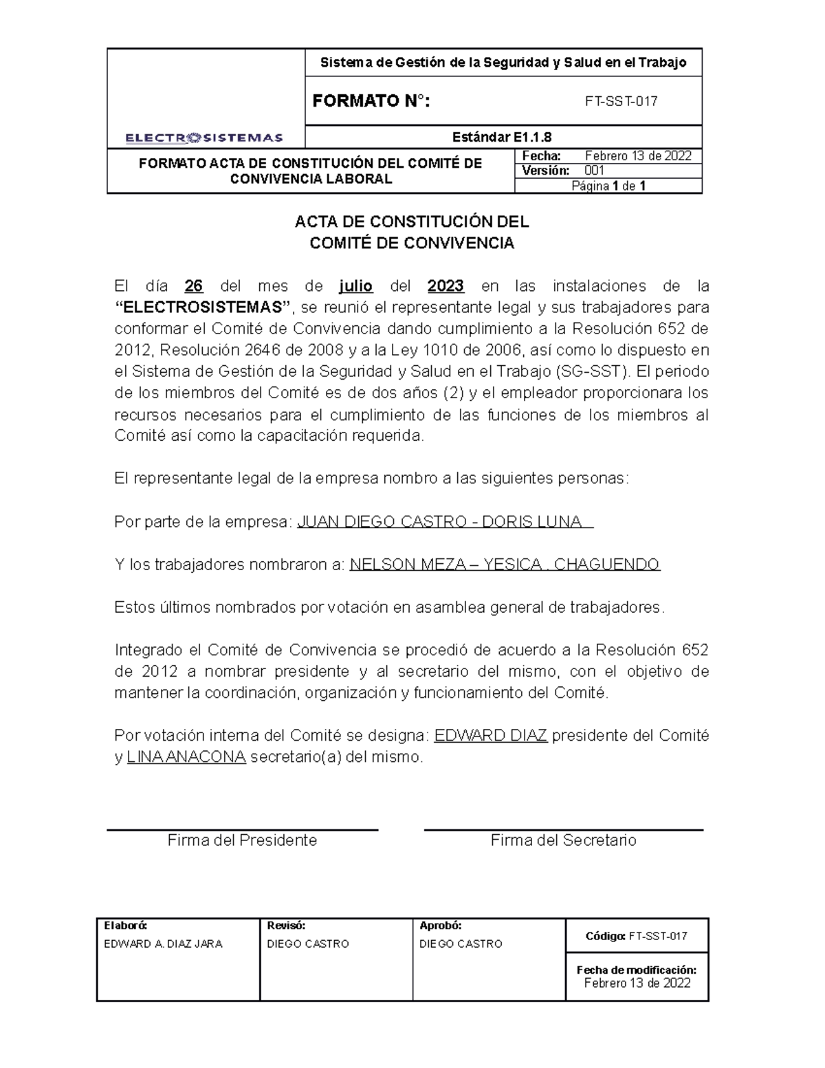 FT-SST-017 Formato Acta de Constitución del Comité de Convivencia Laboral - Sistema de Gestión ...