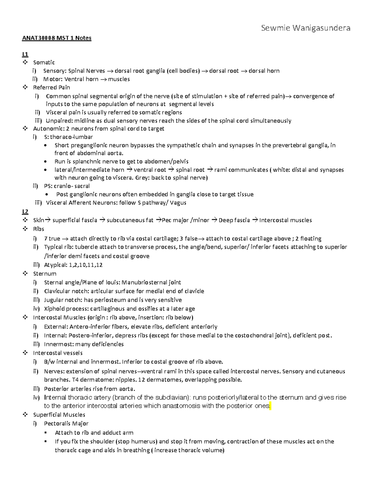 ANAT30008 MST 1 Notes - Thorax - Sewmie Wanigasundera MST 1 Notes L1 v ...
