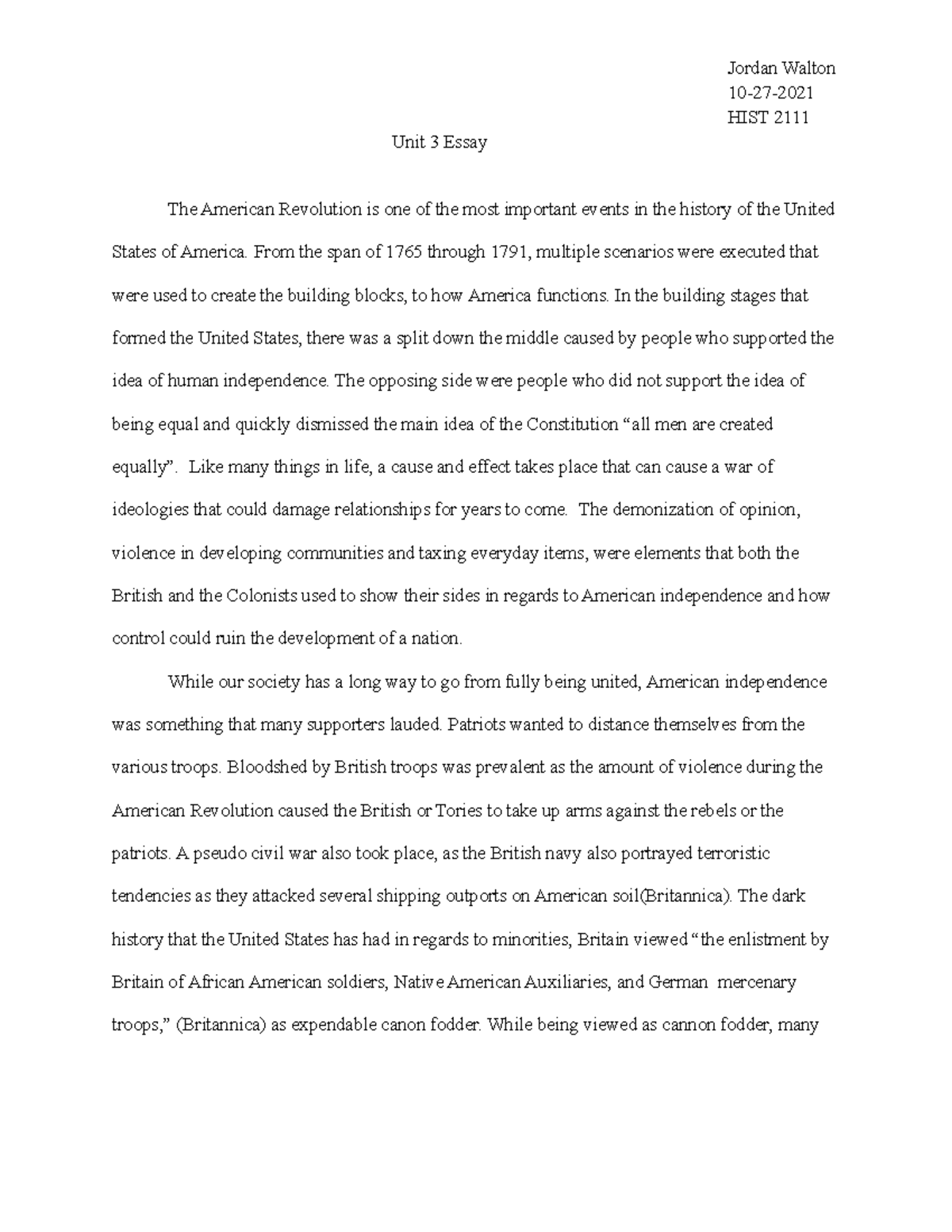 US History Unit 3 Essay - Jordan Walton 10-27- HIST 2111 Unit 3 Essay ...