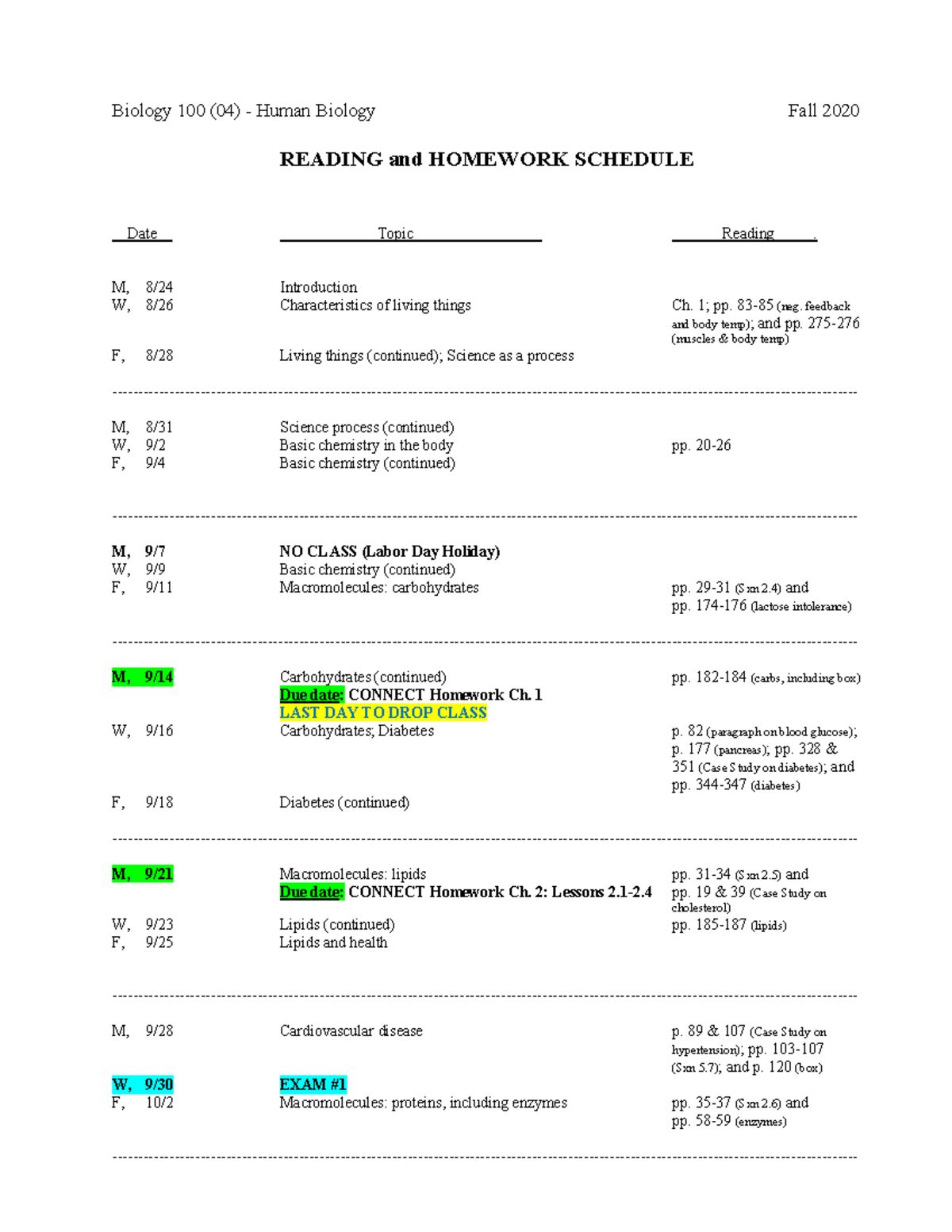 100 Reading and Homework Schedule Part 1 - Biology 100 (04) - Human ...