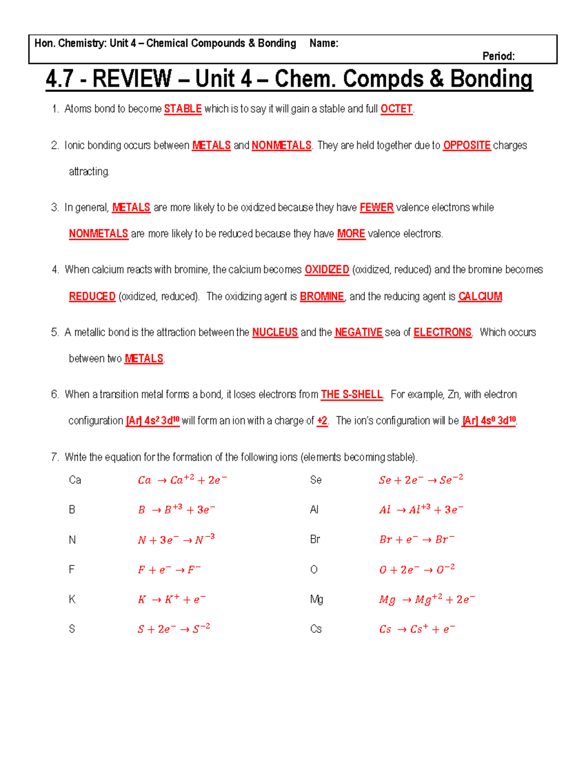 4.7 - Unit 4 Review Key - answer key - Hon. Chemistry: Unit 4 ...