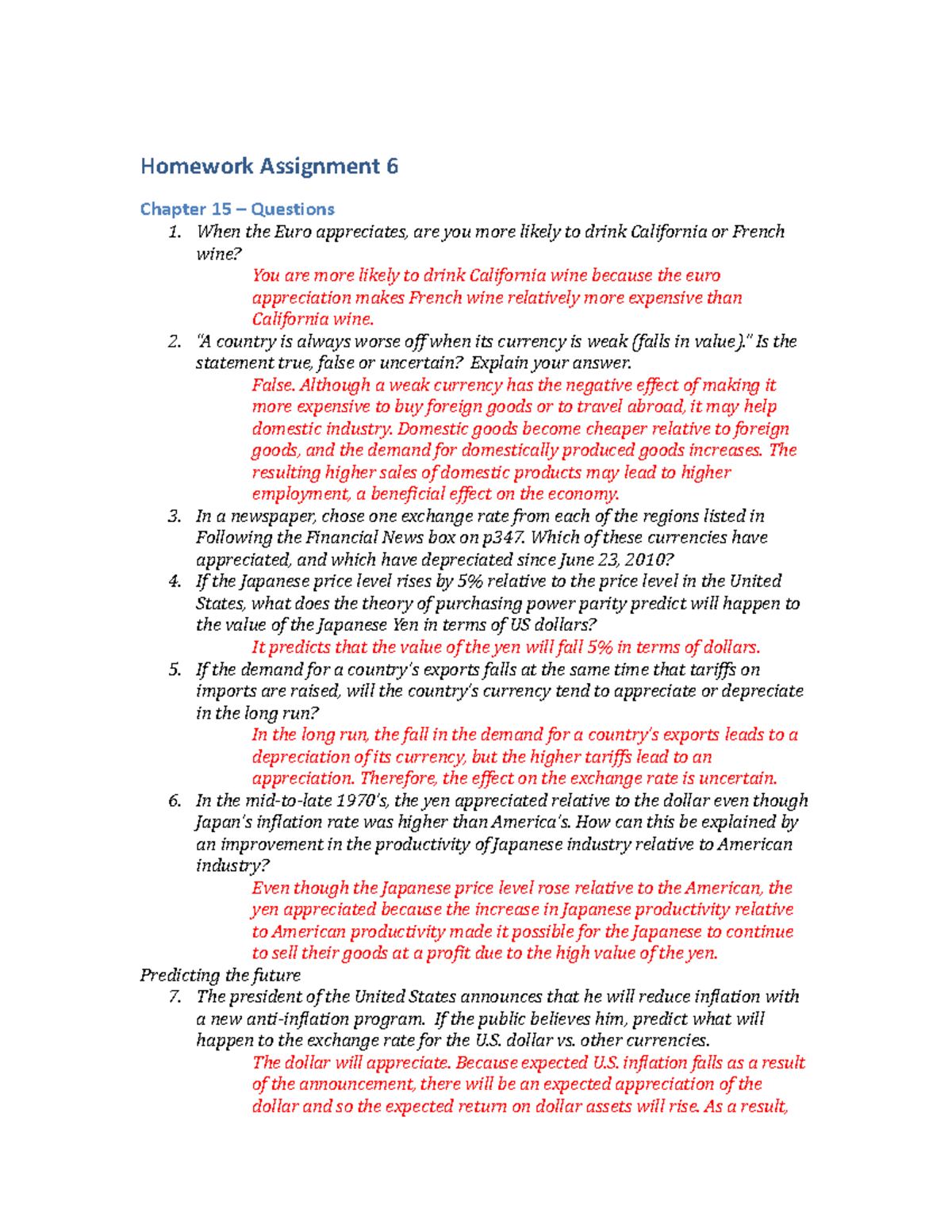 Homework Assignment 6 Answers 1 - Homework Assignment 6 Chapter 15 – Questions When the Euro ...