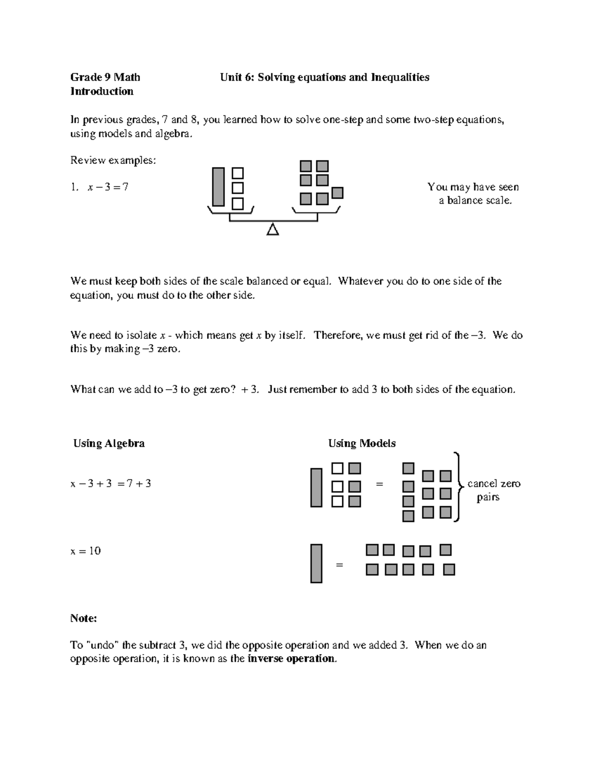 Gr 9 math unit 6 notes - Equations and inequalities - Grade 9 Math Unit ...