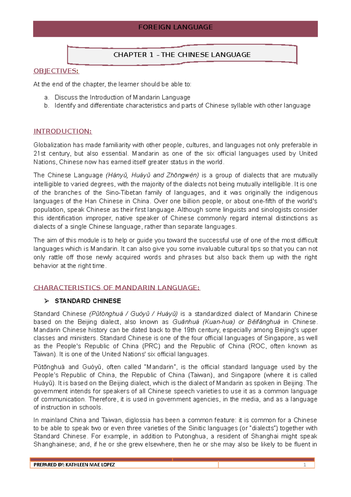 Module 1 - Foreign Language - Mandarin - OBJECTIVES: At the end of the ...