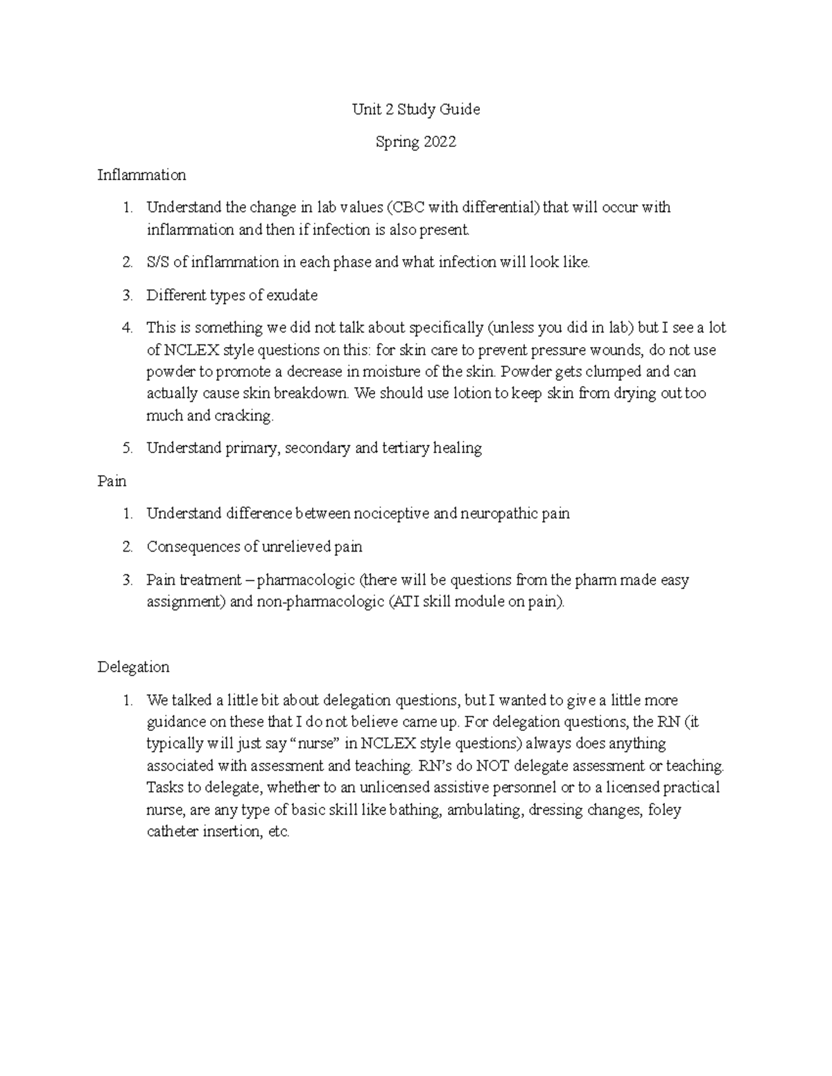 Unit 2 Study Guide - Unit 2 Study Guide Spring 2022 Inflammation ...
