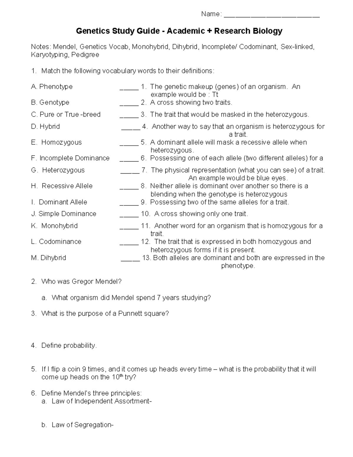 Copy of Genetics Study Guide - Genetics Study Guide - Academic ...