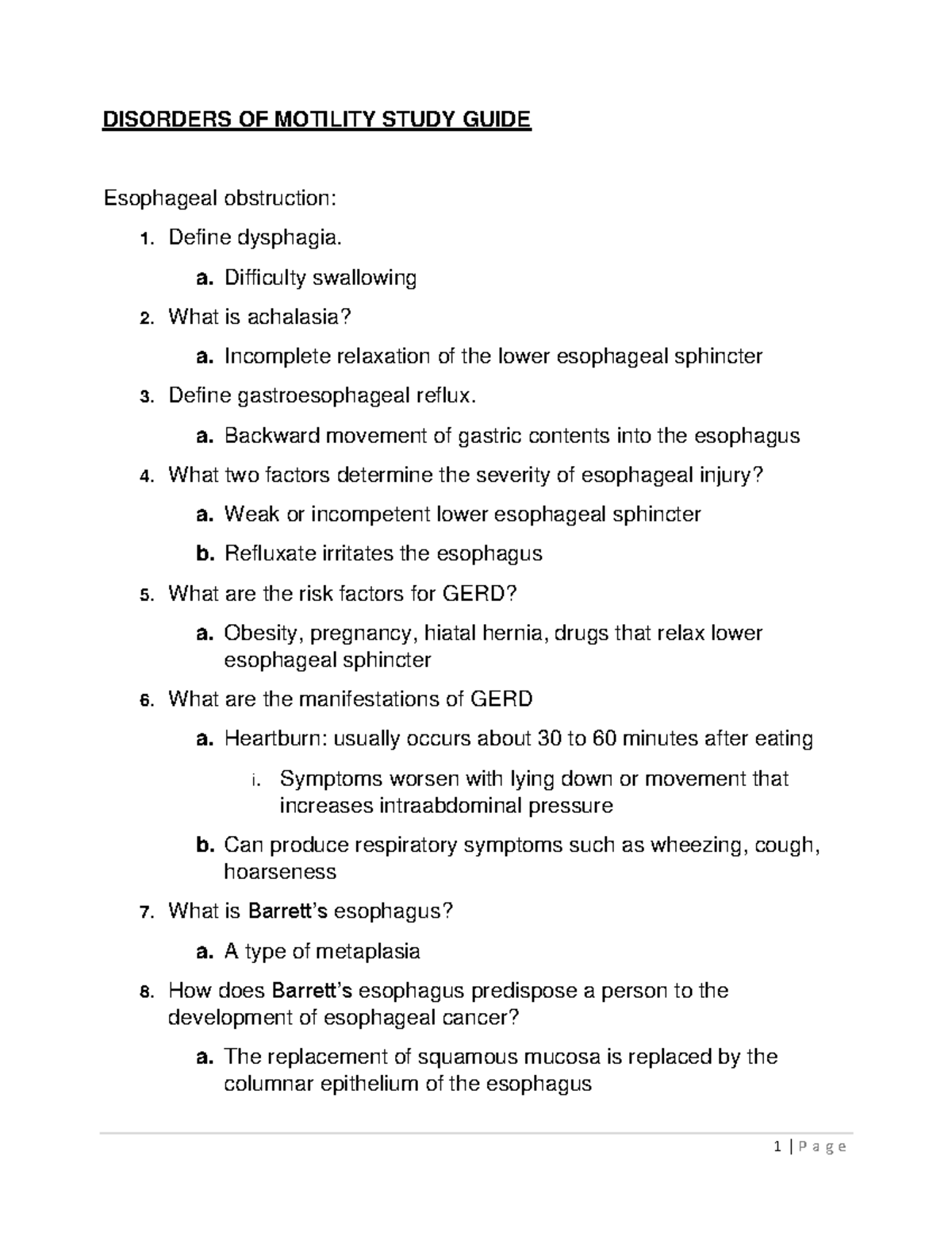 Disorders OF Motility Study Guide - DISORDERS OF MOTILITY STUDY GUIDE ...