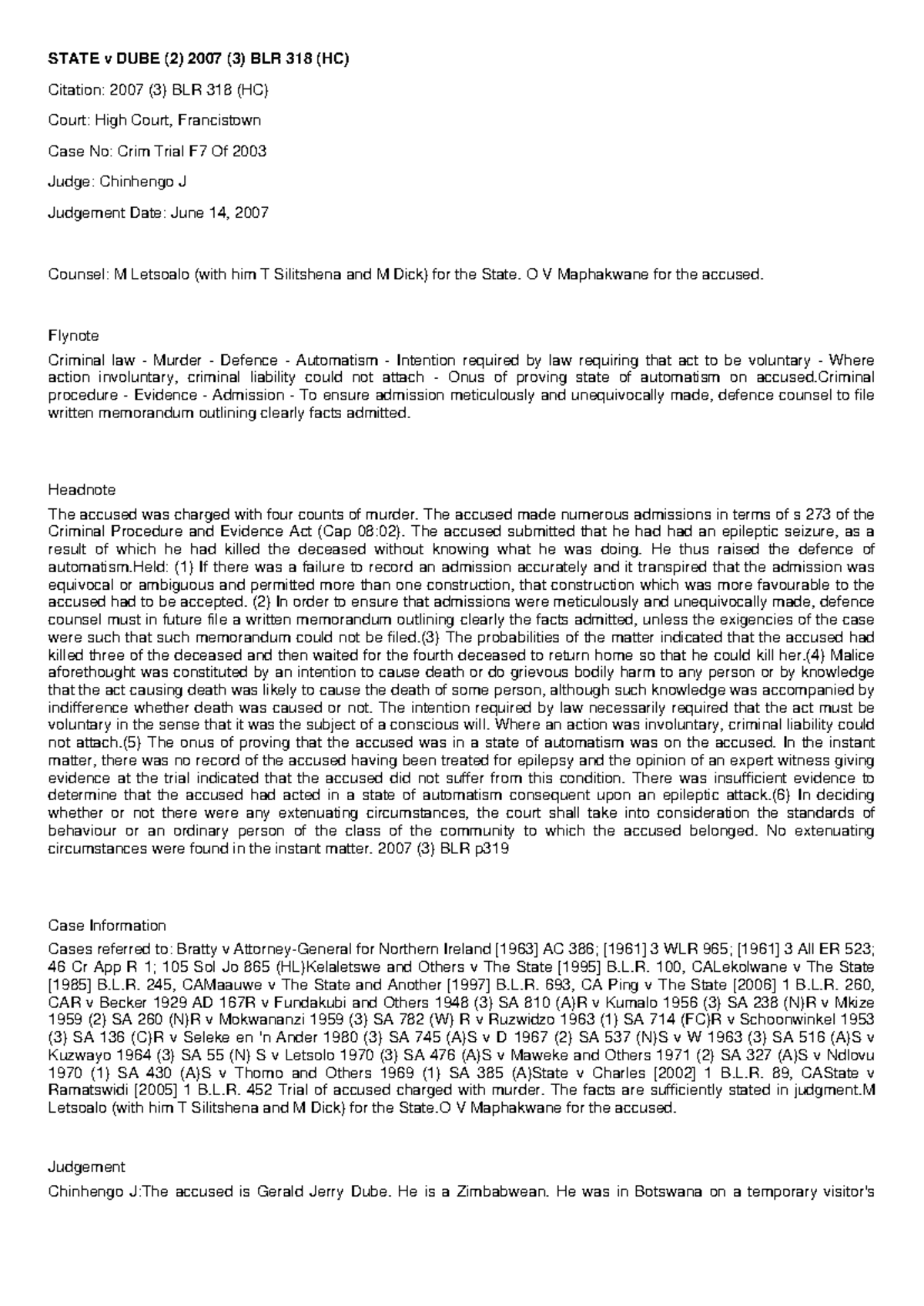 State v Dube(2) 2007 (3) BLR 318 - STATE v DUBE (2) 2007 (3) BLR 318 ...