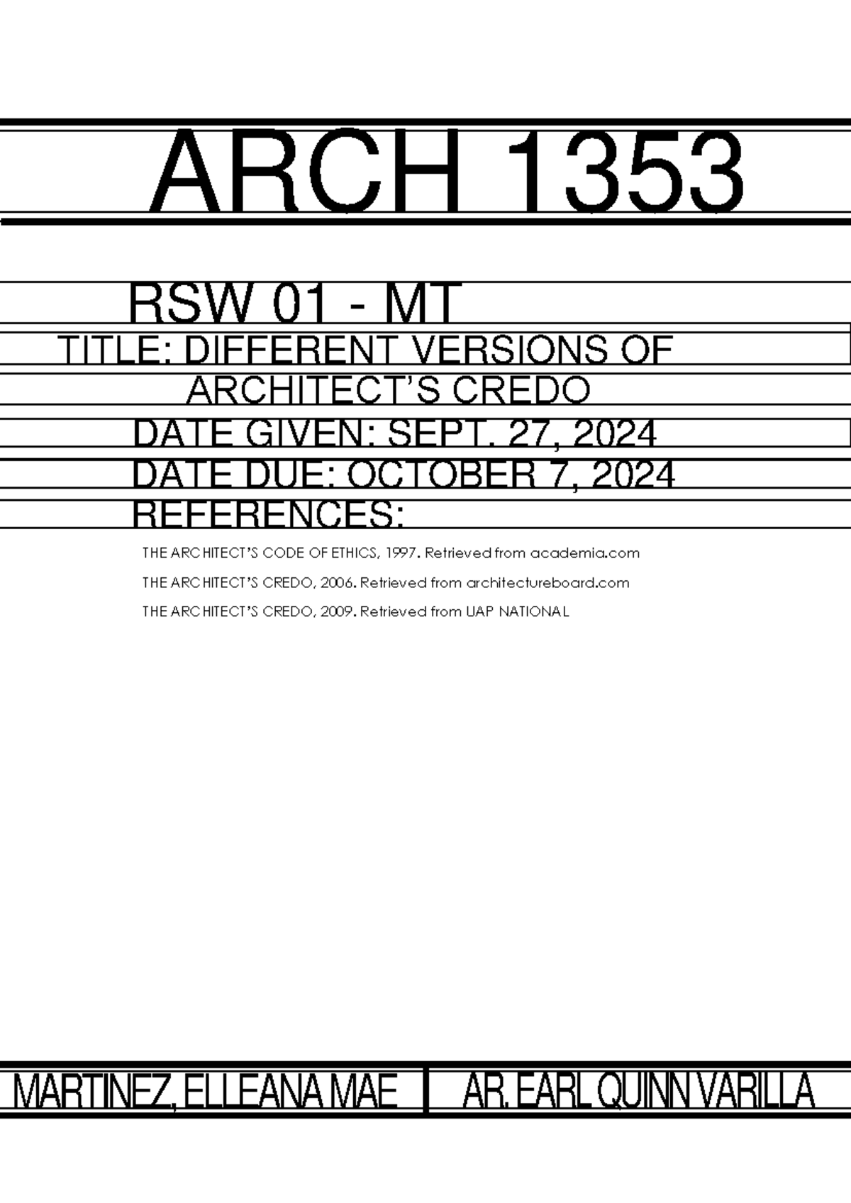 ARCHITECT'S CREDO - RSW 0 1 - MT THE ARCHITECT’S CODE OF ETHICS, 1997 ...