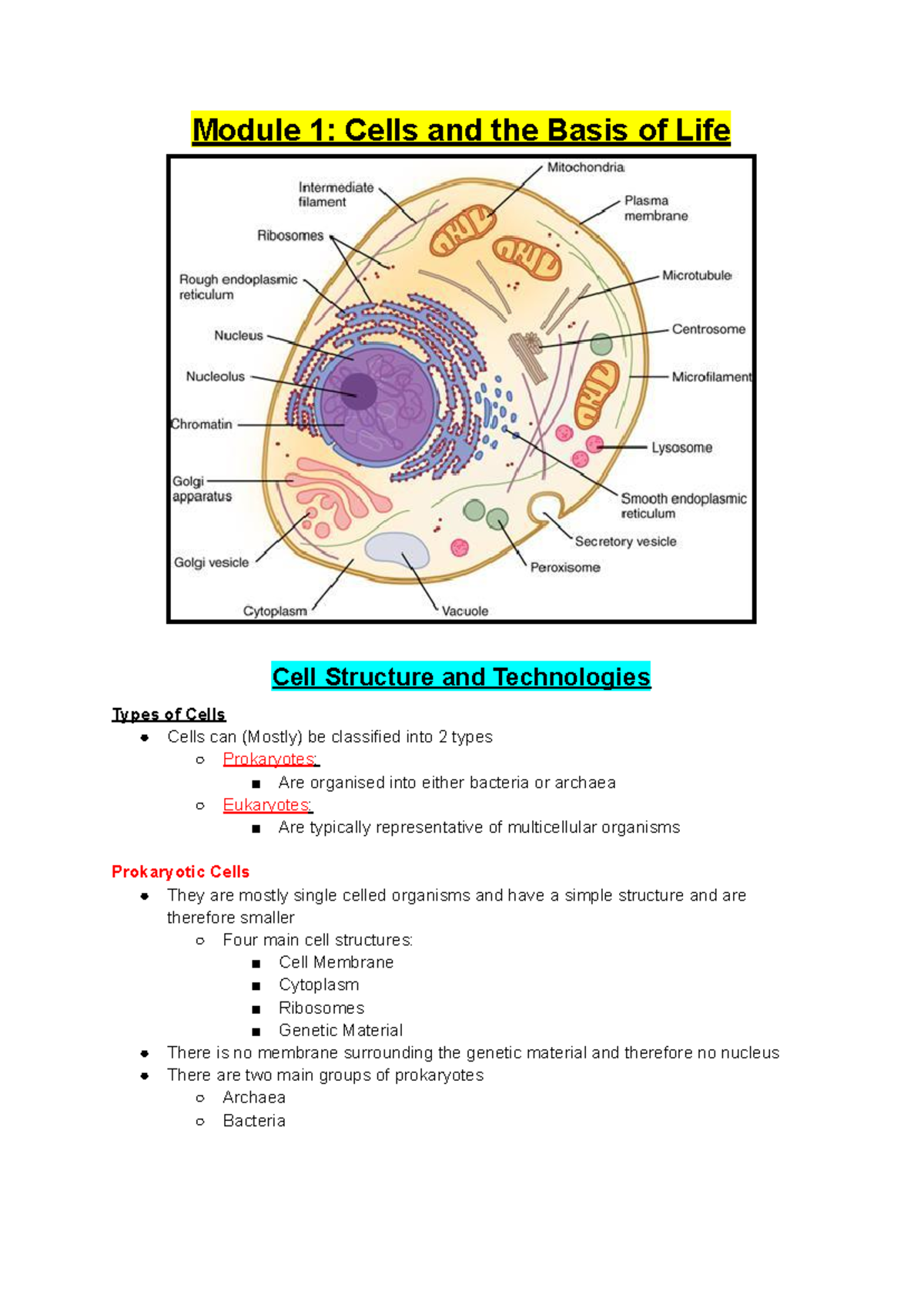 Module 1 Cells as the Basis of Life - Module 1: Cells and the Basis of Life Cell Structure and ...