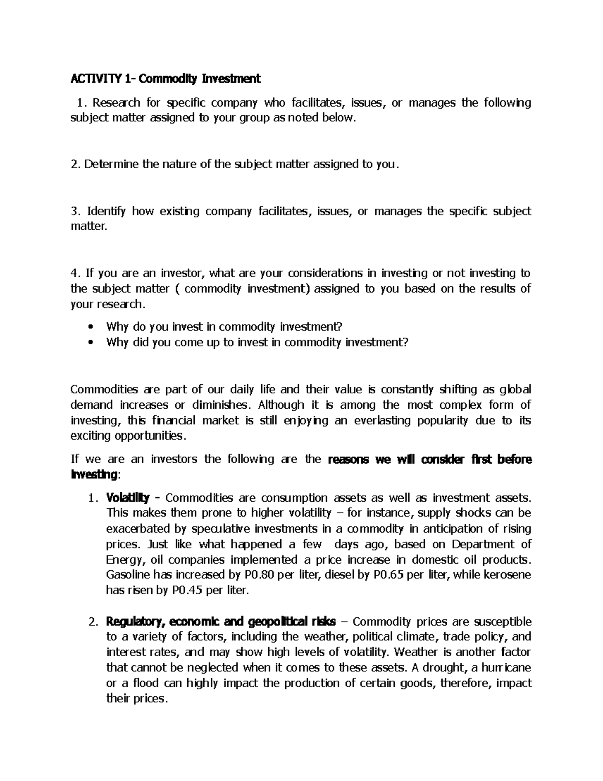 Activity 1- Basis Assignment ( Investment Info) - ACTIVITY 1 ...