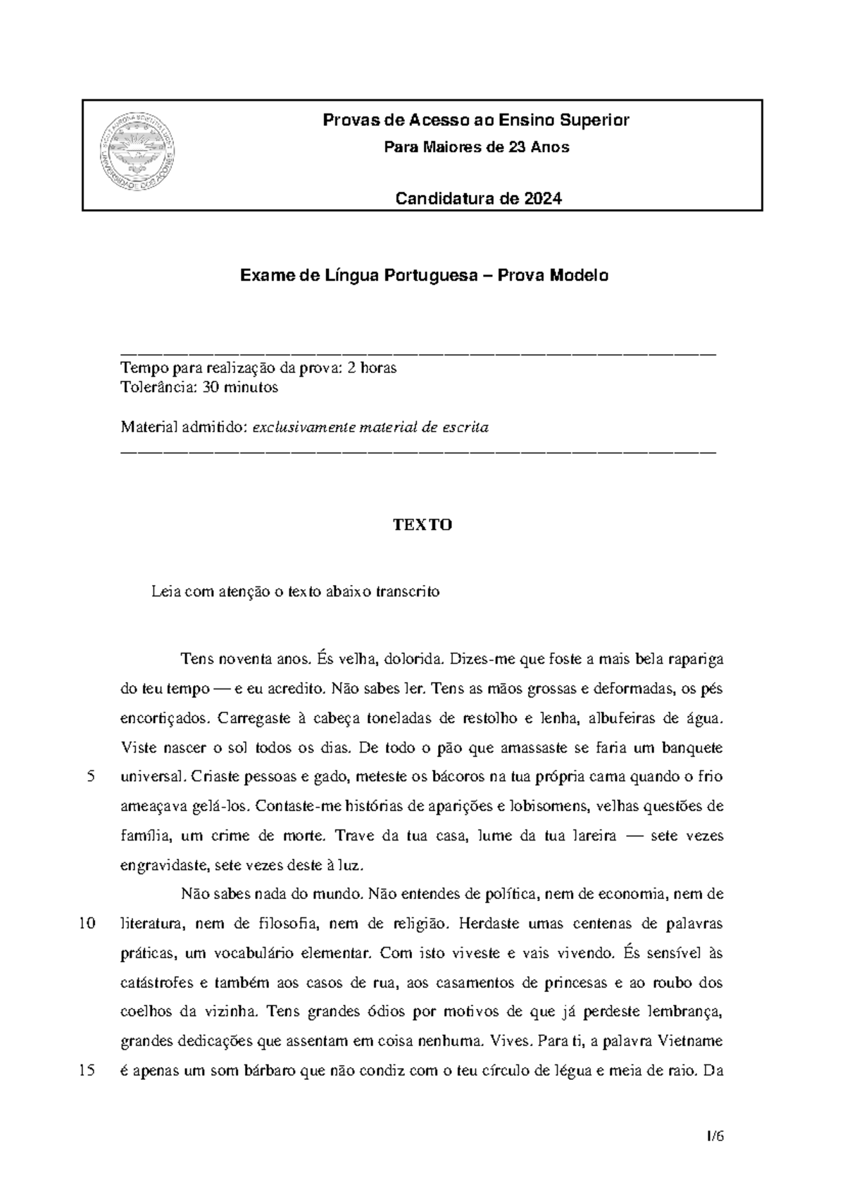 Prova modelo li ngua portuguesa m23 2024 - Provas de Acesso ao Ensino ...