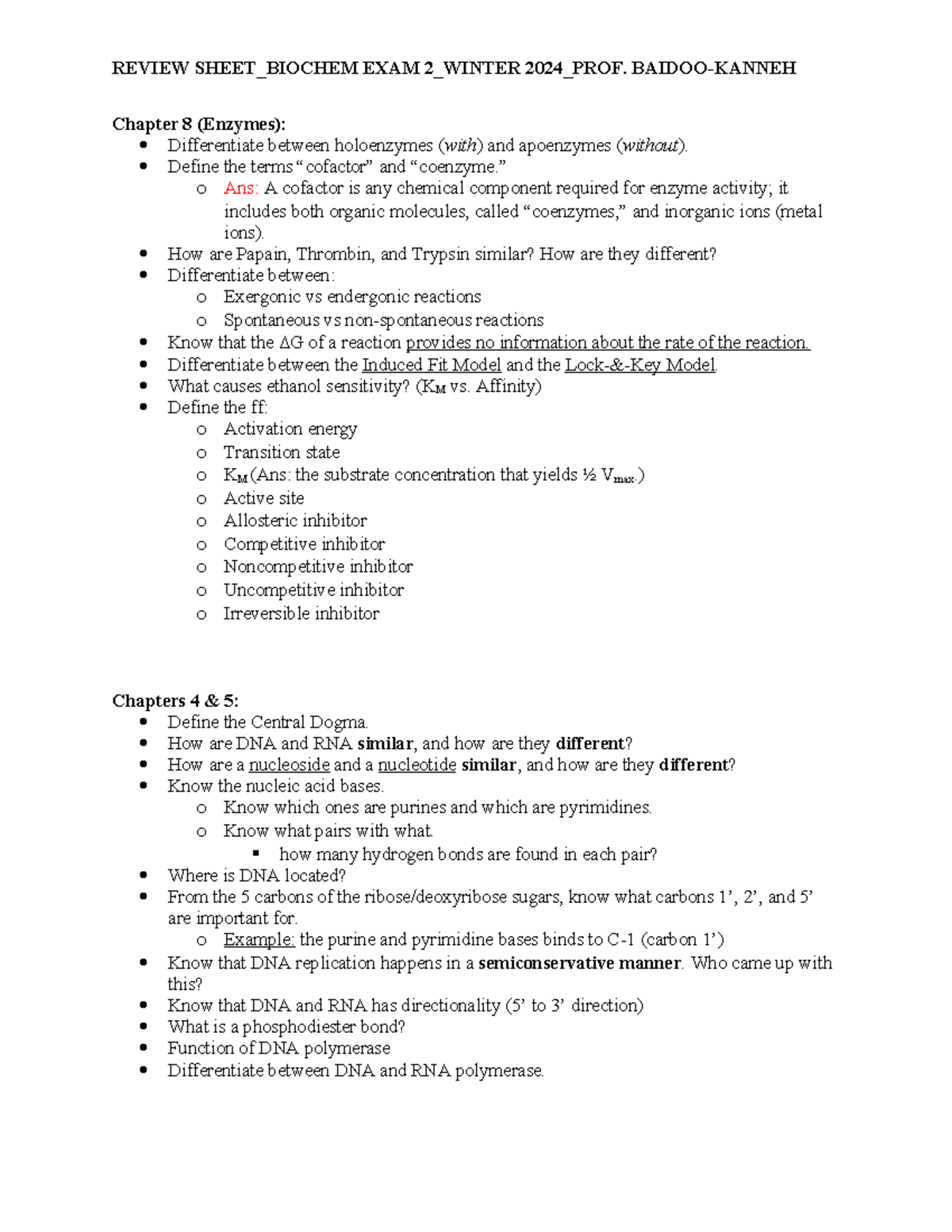 Review Sheet Biochem EXAM 2 Winter 2024 - REVIEW SHEET_BIOCHEM EXAM 2 ...