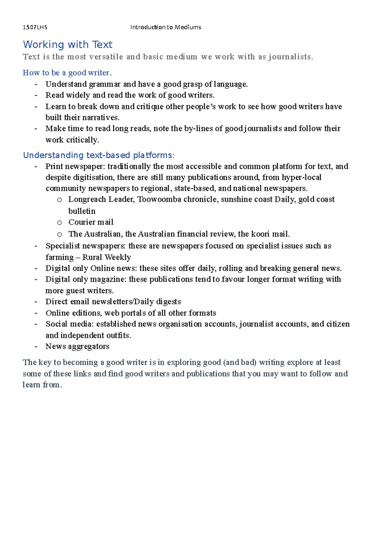 1507LHS - Week 4 - Introduction to Mediums part 1 - Working with text, Audio, Video, images ...