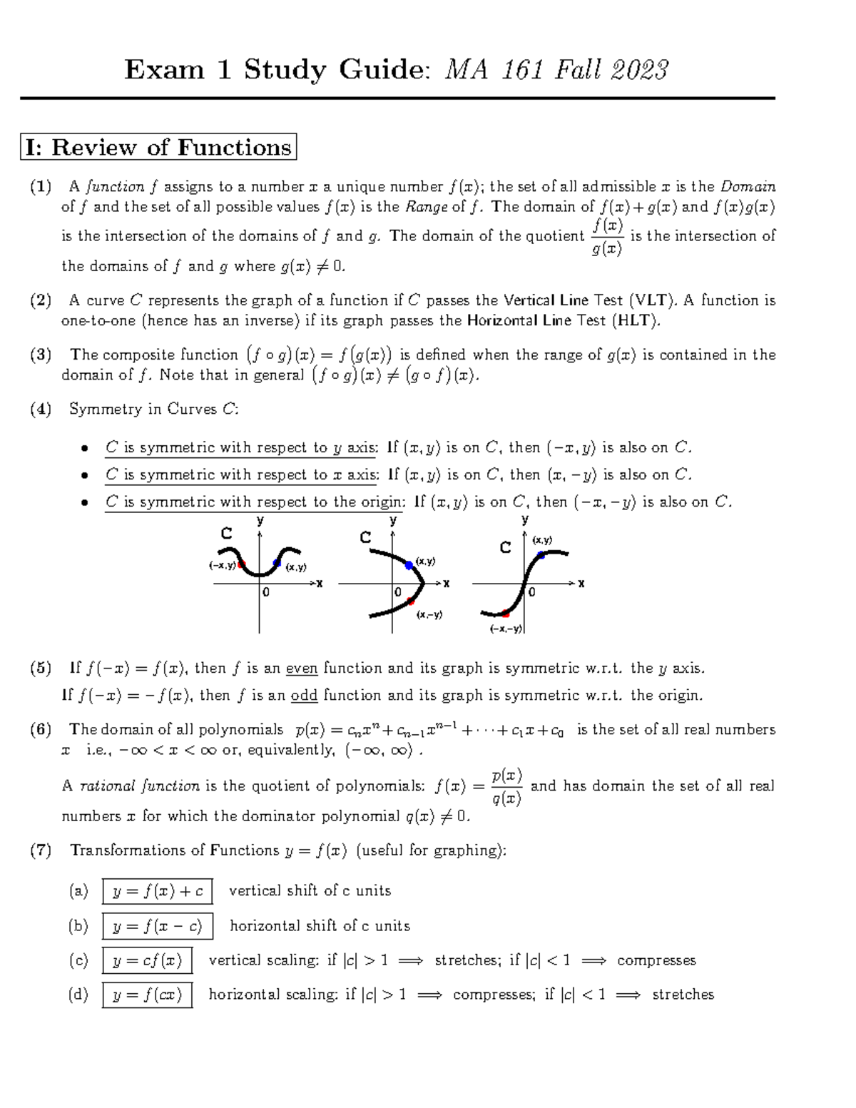 MA161 Exam1 Study Guide F23 Sunkula - Exam 1 Study Guide: MA 161 Fall ...