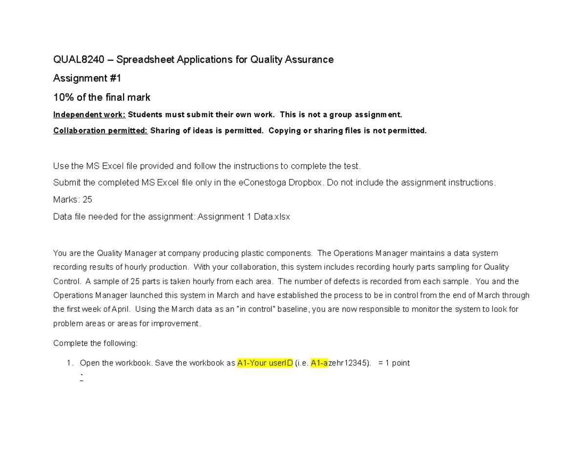 Assignment 1 Instructions revised - QUAL8240 – Spreadsheet Applications for Quality Assurance ...
