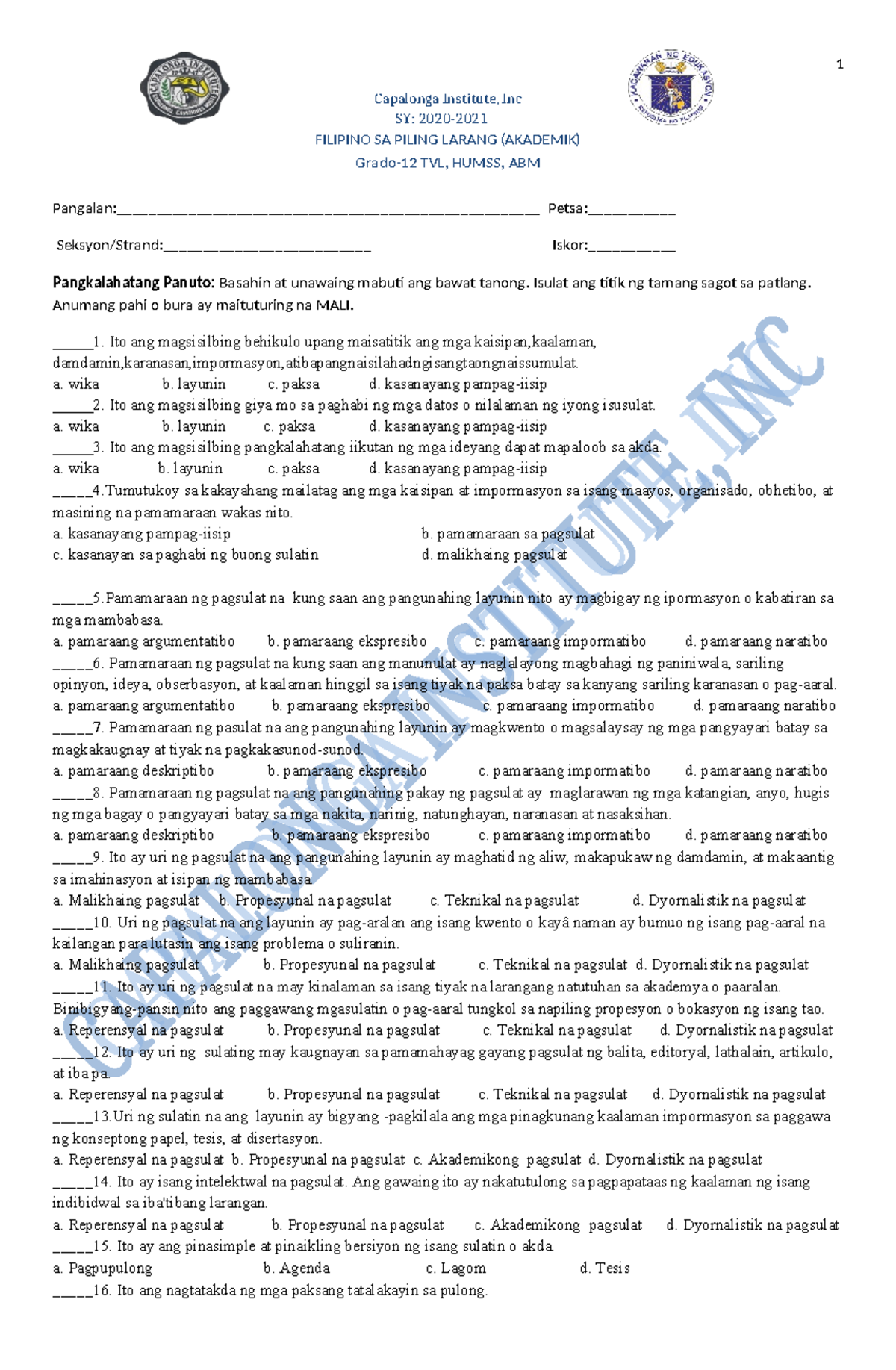 Piling Larang Pretest - Pre test - Capalonga Institute, Inc SY: 2020 ...