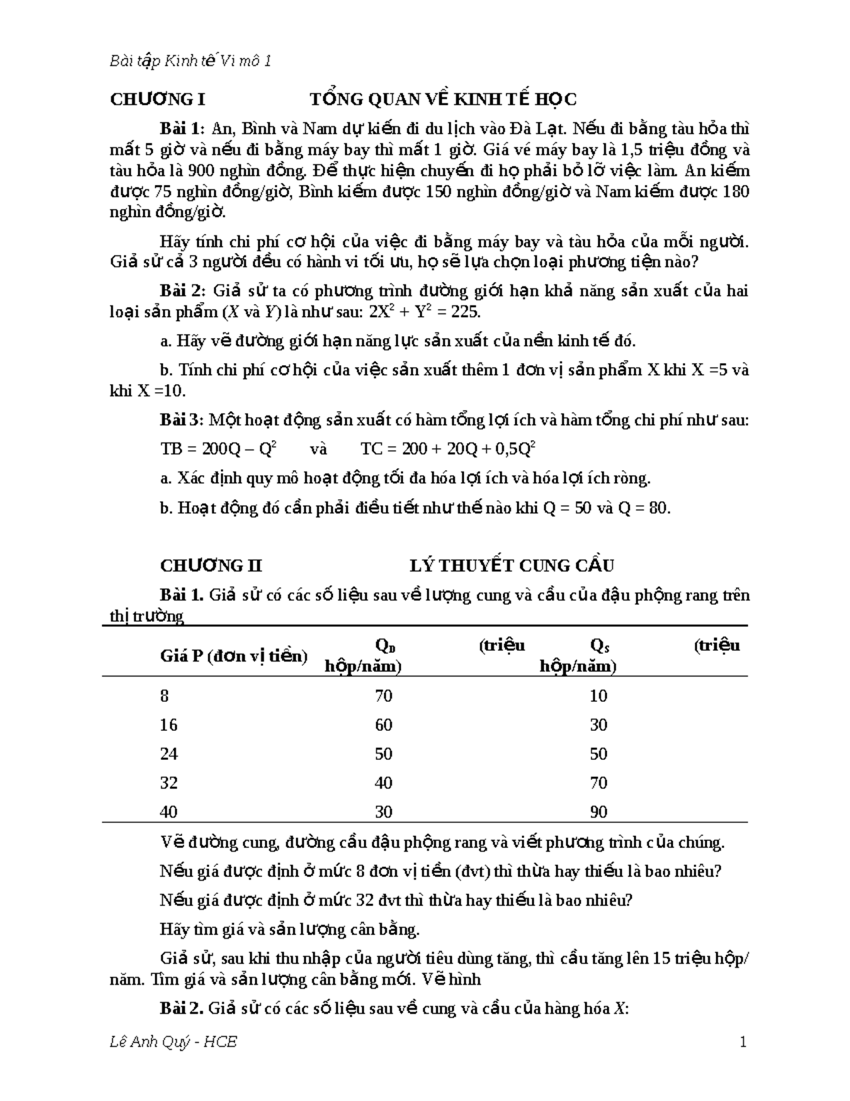 Bài tập kinh tế vi mô 100216 - CHƯƠ NG I T ỔNG QUAN V Ề KINH T Ế H ỌC Bài 1: An, Bình và Nam d ự ...
