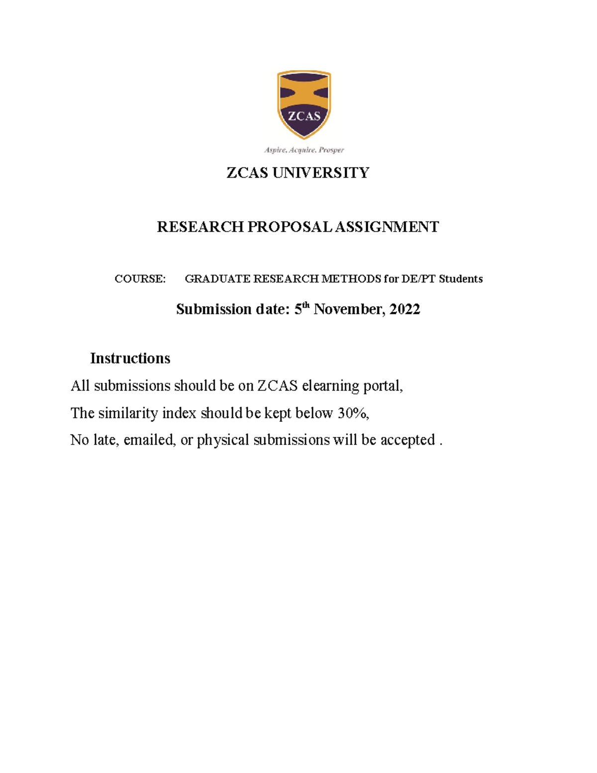 Research Proposal Assignment - ZCAS UNIVERSITY RESEARCH PROPOSAL ...