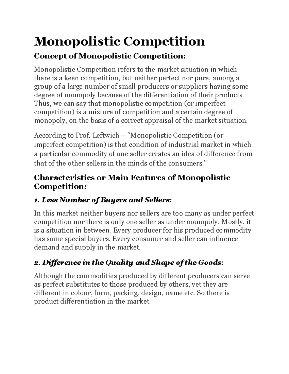 Monopolistic Competition notes - Monopolistic Competition Concept of ...