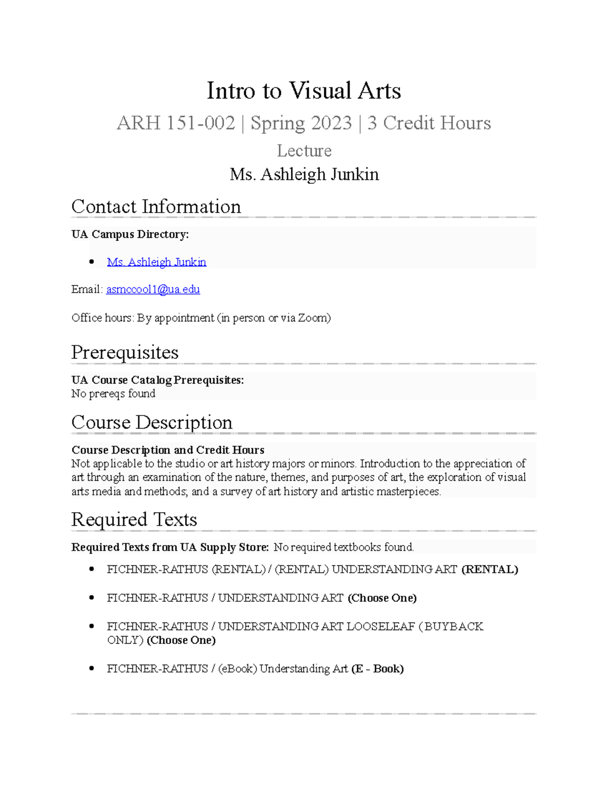 ARH 151-002 syllabus - what you will be learning in that class - Intro to Visual Arts ARH 151 ...