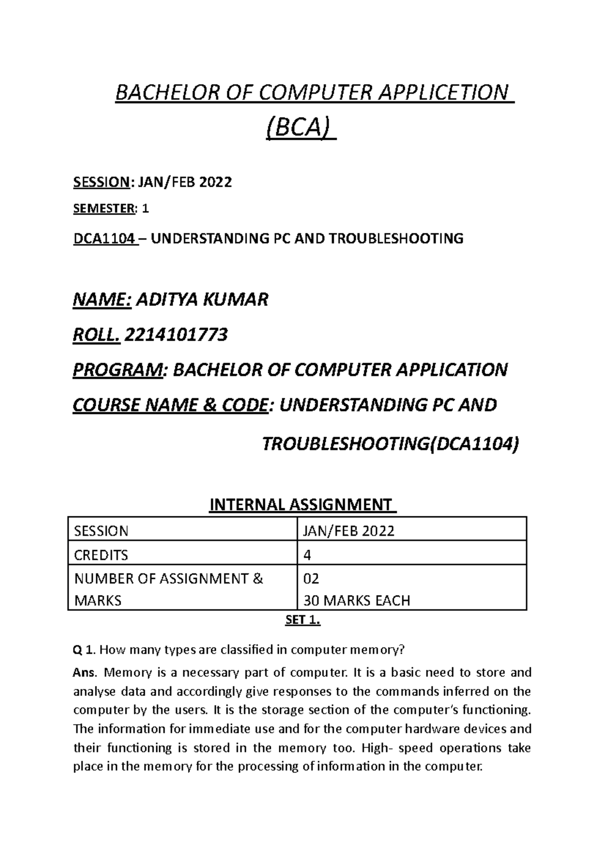 Understanding pc and troubleshooting assignment - BACHELOR OF COMPUTER ...