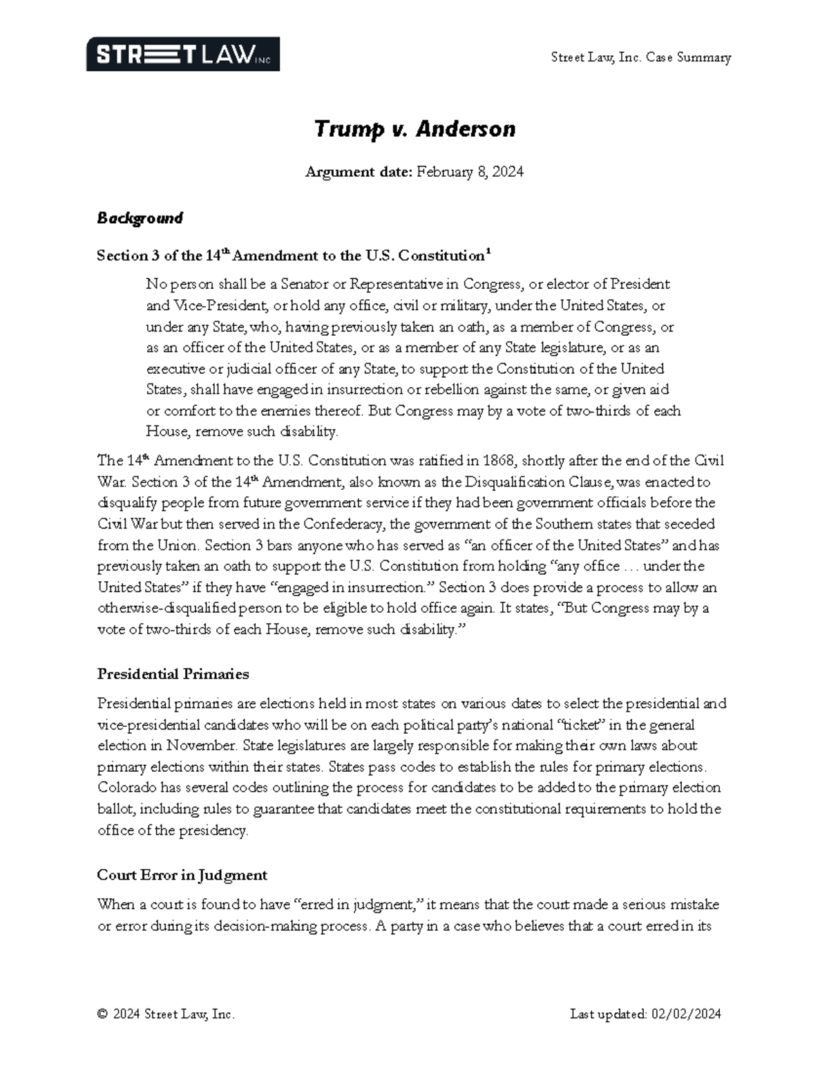Trump v anderson hs streetlaw - Street Law, Inc. Case Summary © 2024 ...