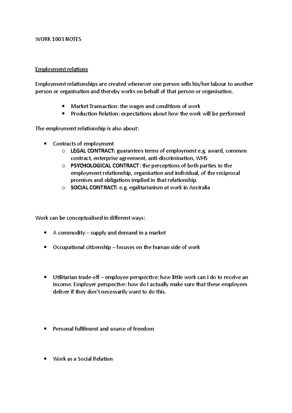 WORK 1003 Notes copy - WORK 1003 NOTES Employment relations Employment ...