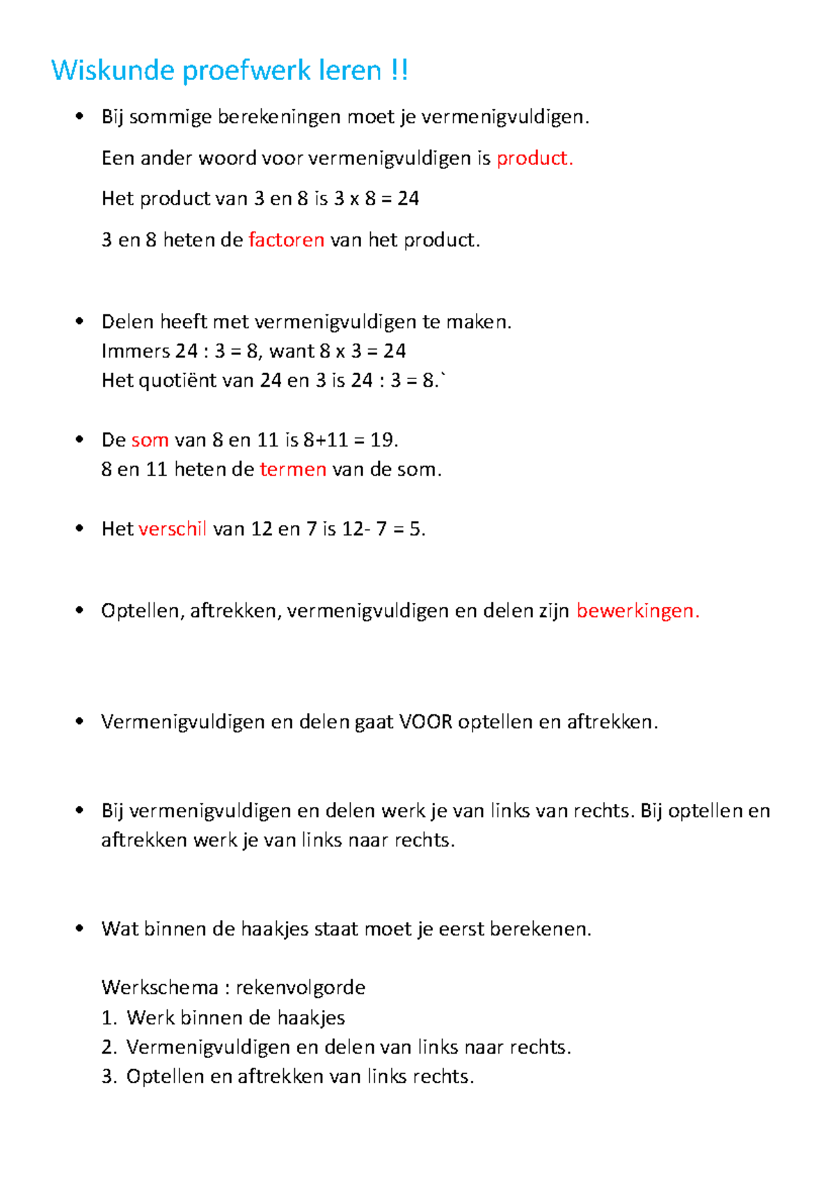 Wiskunde proefwerk leren - Een ander woord voor vermenigvuldigen is ...