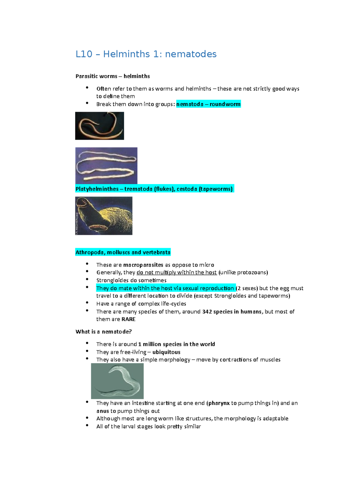 L10 – Helminths 1- nematodes - L10 – Helminths 1: nematodes Parasiic ...