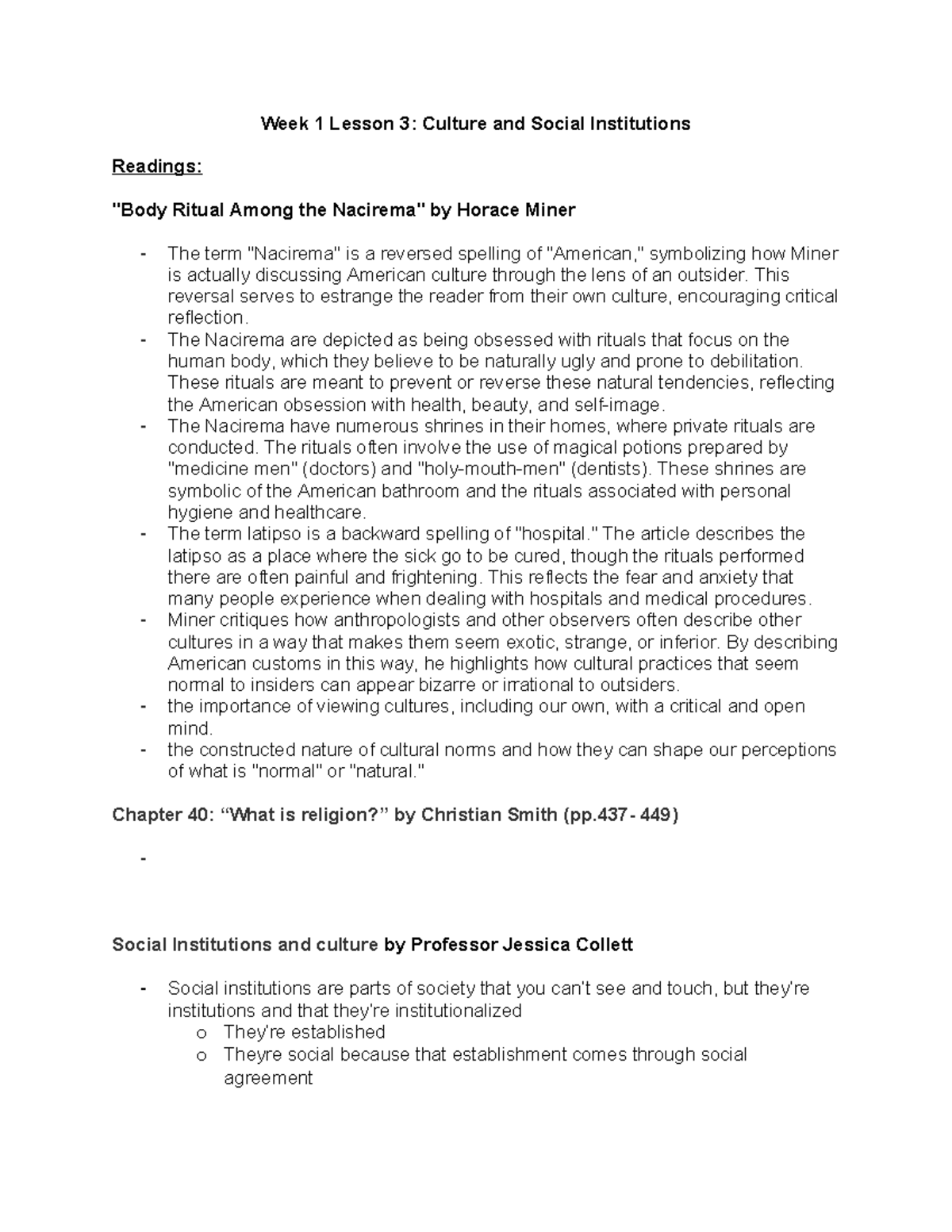 Lesson 3- Culture and Social Institutions - Week 1 Lesson 3: Culture ...