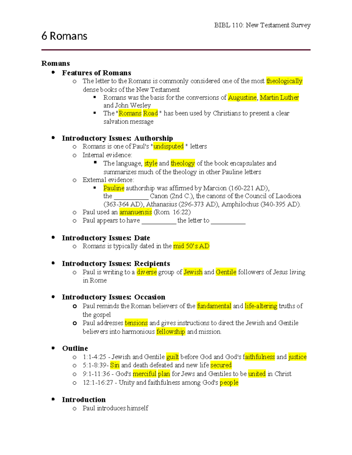 6 Romans - Notes - BIBL 110: New Testament Survey 6 Romans Romans ...