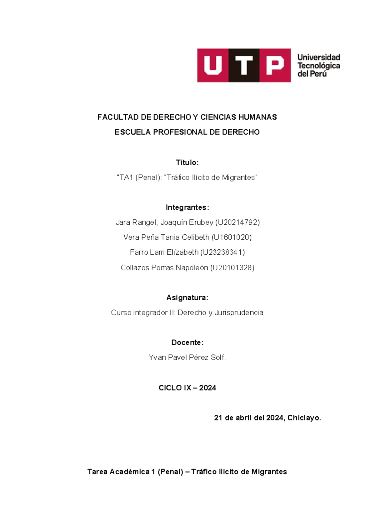 S05 s02 Avance (Penal)TA1 - FACULTAD DE DERECHO Y CIENCIAS HUMANAS ESCUELA PROFESIONAL DE ...