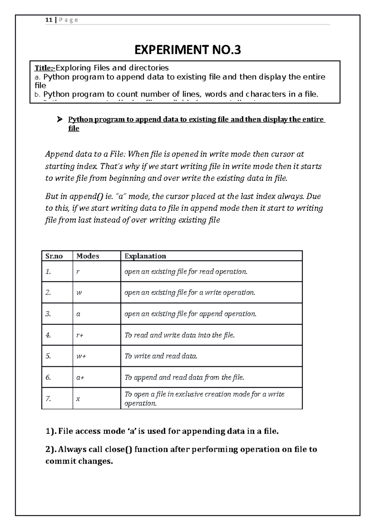 Exp3 - Practical material - EXPERIMENT NO. Python program to append data to existing file and ...