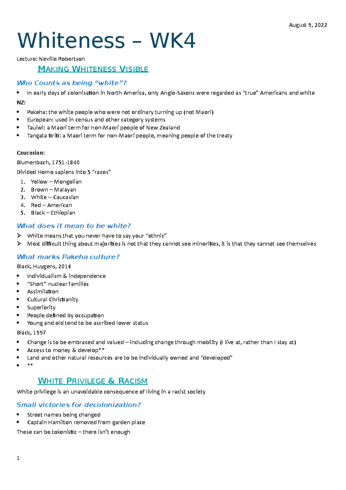 WK4 Whiteness - Notes - August 9, 2022 Whiteness – WK Lecture: Neville ...